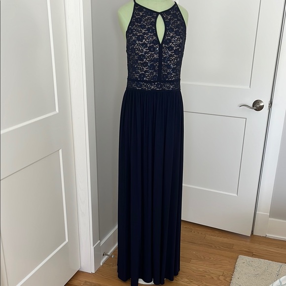 Morgan & Co. | Dresses | Morgan Co Elegant Navy Blue Lace Evening Gown ...